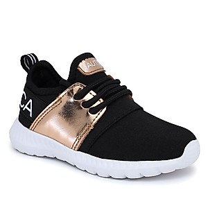 Nautica Youth Girls Athletic Fashion Lace Up Tennis Sneakers-Kappil Metallic-Rose Gold Black Size-2