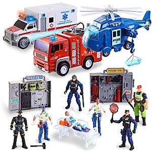 JOYIN 13Pcs Ambulance Toys, City Emergency Truck Toy Set with Fire Truck, Ambulance, Helicopter, Action Figures, Friction Powered Vehicles with Light and Sound, Boys Girls Gifts for 1-8 Years