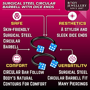 bodyjewellery 2pcs 16g 3/8 Horseshoe Ring Septum Catilage Hoop Nose Lip Conch Tragus Helix Black Anodized Steel Dice Ball - Pick Color (dark blue)