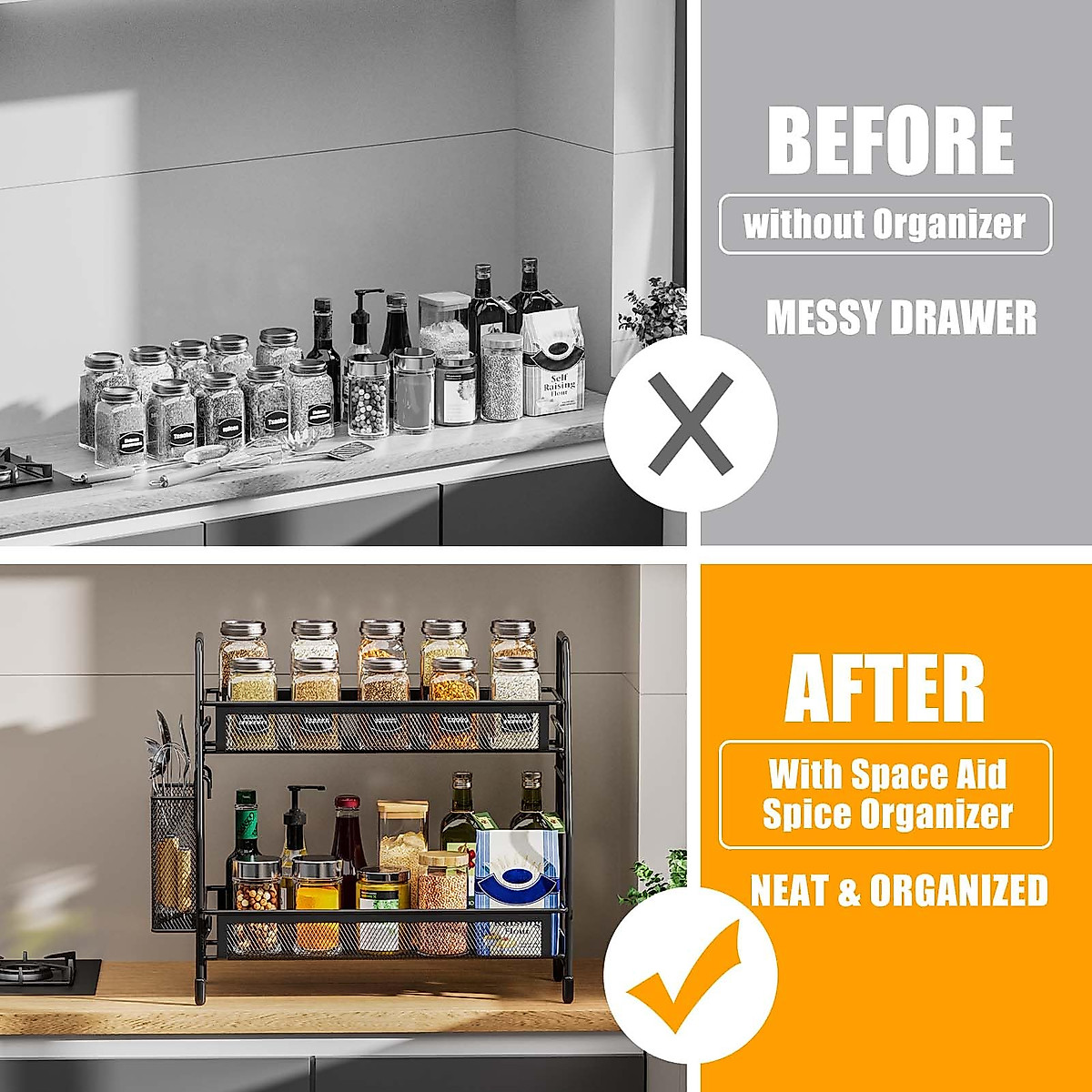 Famhap Bathroom Counter Organizer, Bathroom Organizer Countertop with Side Basket, Kitchen Countertop Organizer, Metal Spice Rack Organizer, Black 13.8"x7"x12.6"