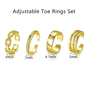 PWUEITR 4Pcs/1Set Adjustable Gold Silver Toe Rings for Women Knuckle Tail Ring Simple Summer Beach Open Toe Rings Set Foot Jewelry,gold