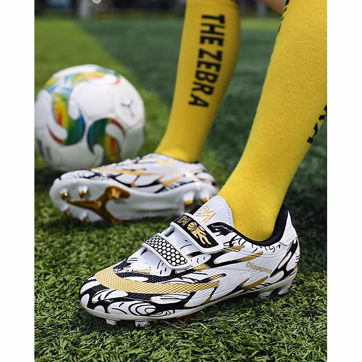 Fenlogft Kids Soccer Cleats Boys Girls Turf/FG/AG Athletic Football Shoes with Tape and Multiple Stud Types, Low-Top Leather Upper Sneakers (Gold Spike,1,Little Kid,Little_Kid)