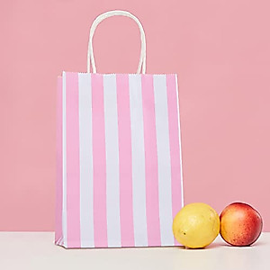 RNORRI Gift Bags 50Pcs 5.25x3.75x8 Inch Paper Bags Small Pink And White Bags Pink Party Bags Shopping Bags With Handles, Striped Bags For Baby Shower, Birthday, Business, Retail