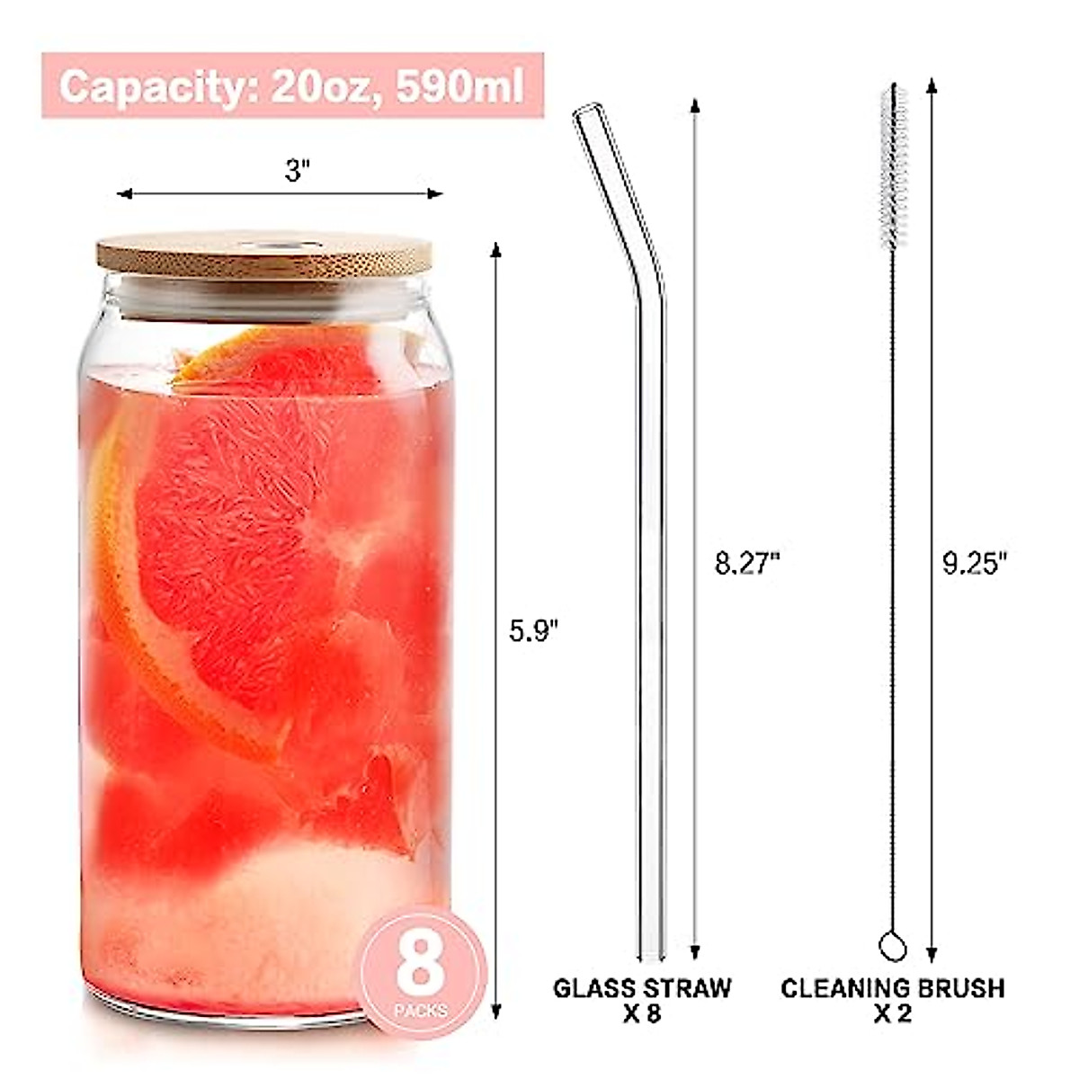 HOMBERKING Glass Cups with Bamboo Lids and Straws 8pcs Set, 20oz Can Shaped Glass Cups, Beer Glasses, Iced Coffee Cups, Cute Tumbler Cup with 2 Cleaning Brushes, Ideal for Cocktail, Whiskey, Tea, Gift