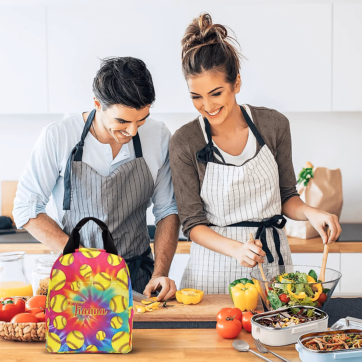 zaaprintblanket Custom Name Lunch Bag For Men Women Personalized Softball Tie Dyed Cooler Lunch Box Portable with Name for Gift Workout Camping