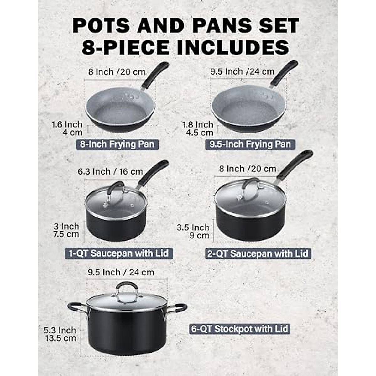Cook N Home Pots and Pans Nonstick Kitchen Cookware Sets include Saucepan Frying Pan Stockpots 8-Piece, Heavy Gauge, Stay Cool Handle, Marble