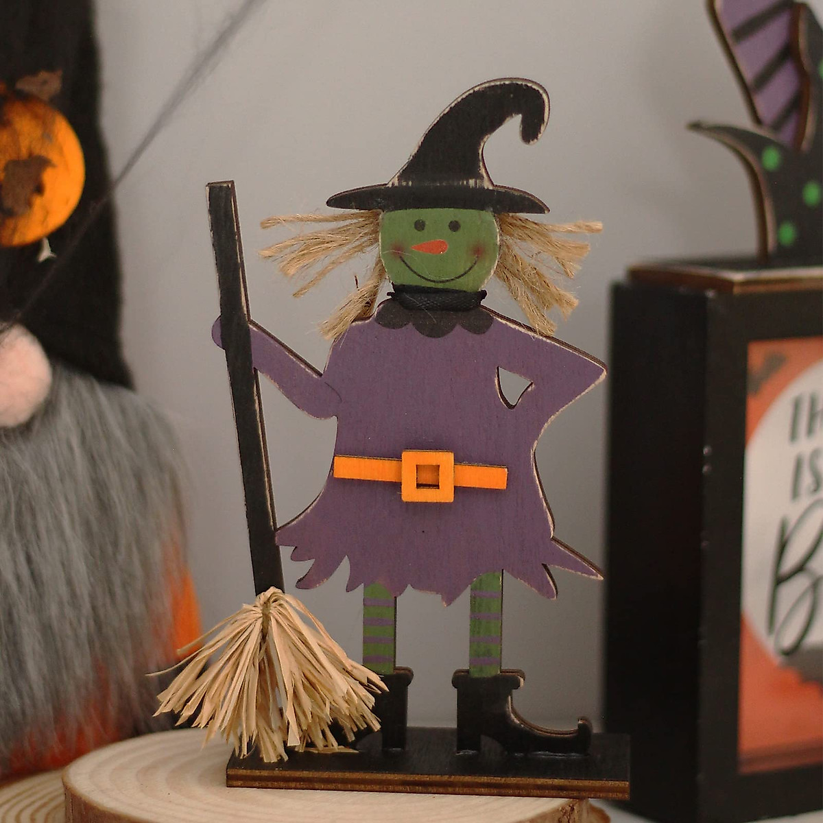 SY Super Bang 5pcs Halloween Wooden Decorations, Halloween Tabletop Centerpiece Craft Decor Including Witch/Ghost/Shoes Decor for Home, Indoor, Holiday, Party Supplies, Kid's Gift.