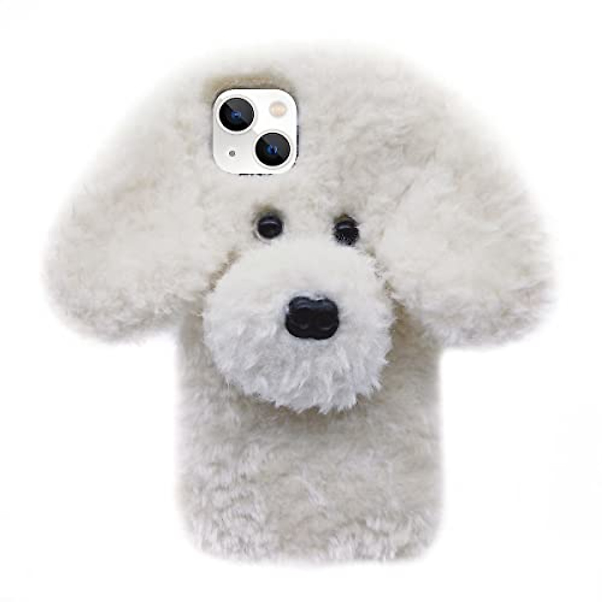 Losin Compatible with iPhone 13 Case Cute Plush Furry Dog Phone Case for Women Girls Girly 3D Cartoon Kawaii Case Soft TPU Shockproof Protective Cover White