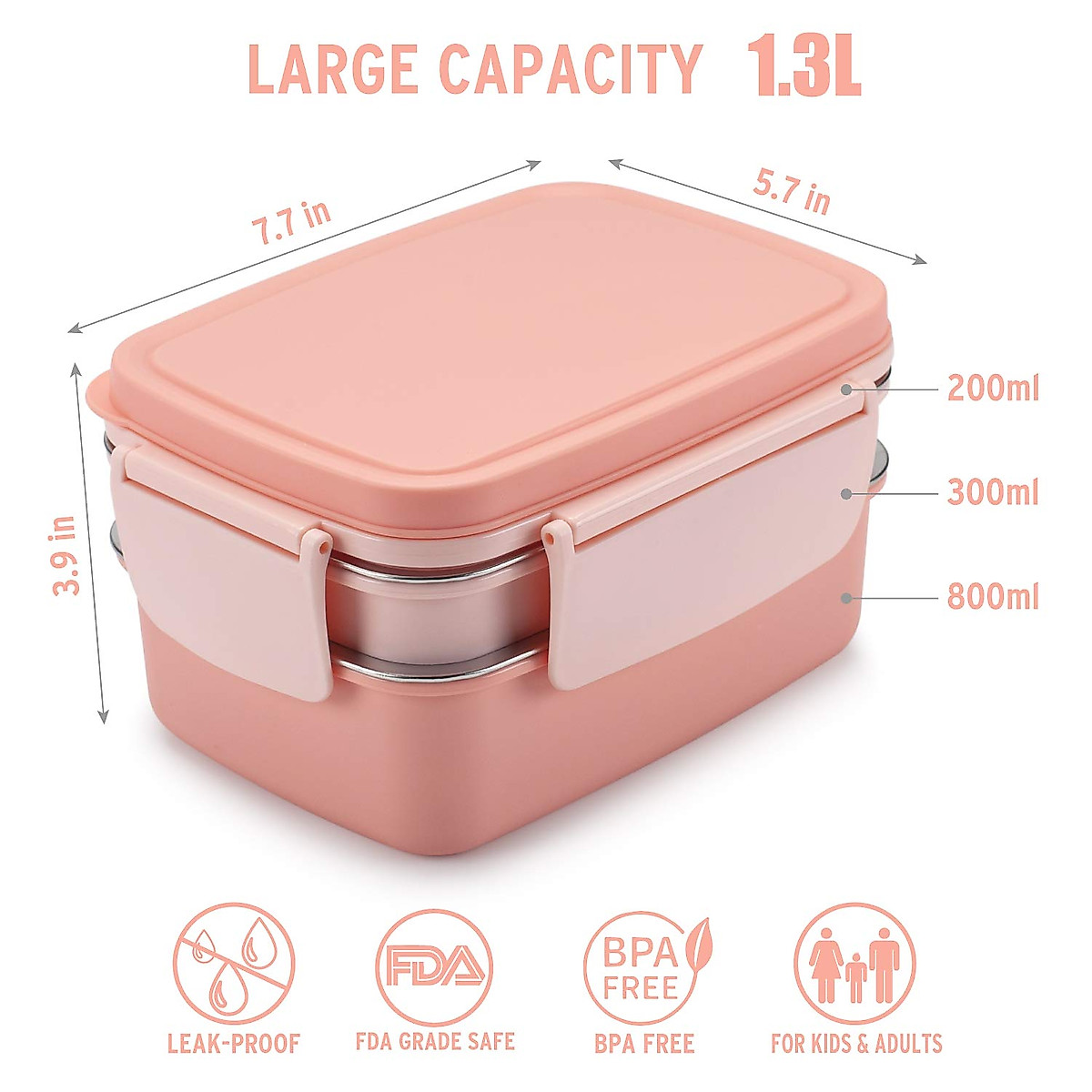 Freshmage Stainless Steel Bento Box for Adults & Kids, Leakproof Stackable Large Capacity Dishwasher Safe Lunch Container with Divided Compartments, Pink