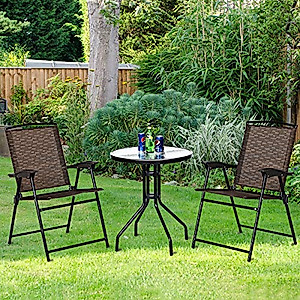 Goplus Patio Bistro Set, 3-Piece Patio Dining Furniture Set with Round Tempered Glass Table, 2 Foldable Chairs, Small Outdoor Folding Chairs & Table Set for Porch Garden Pool Yard