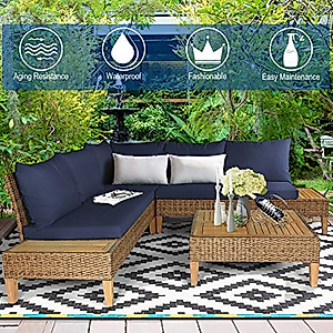 Tangkula 4PCS Acacia Wood Patio Furniture Set, Outdoor Wicker Sectional Sofa Set w/Washable Cushions & Coffee Table, Functional Conversation Set Ideal for Backyard Garden Poolside Balcony