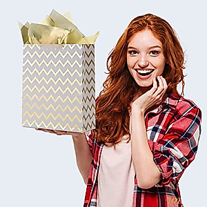 UNIQOOO 12Pcs Metallic Gold Christmas Gift Bags Bulk with 12 Sheets Gold Tissue Paper, Large 12.5 Inch, Assorted Modern Geometric Paper Gift Wrap Bag, For Holiday Birthday Wedding Gift Packaging Decor