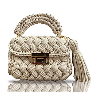 CHQEL Evening Clutch Bag for Women, Handmade Crochet Wedding Party Purse, Small Flap Formal Crossbody Handbag Evening Clutch (Beige)