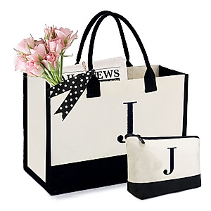 BeeGreen Initial-Canvas-Tote-Bag-for-Women with Comestic Bag, Large Monogram Embroidery Canvas Bag, Personalized Gifts Bag for Mother Sister Her Coworker Birthday Wedding Valentine's Day Gifts J
