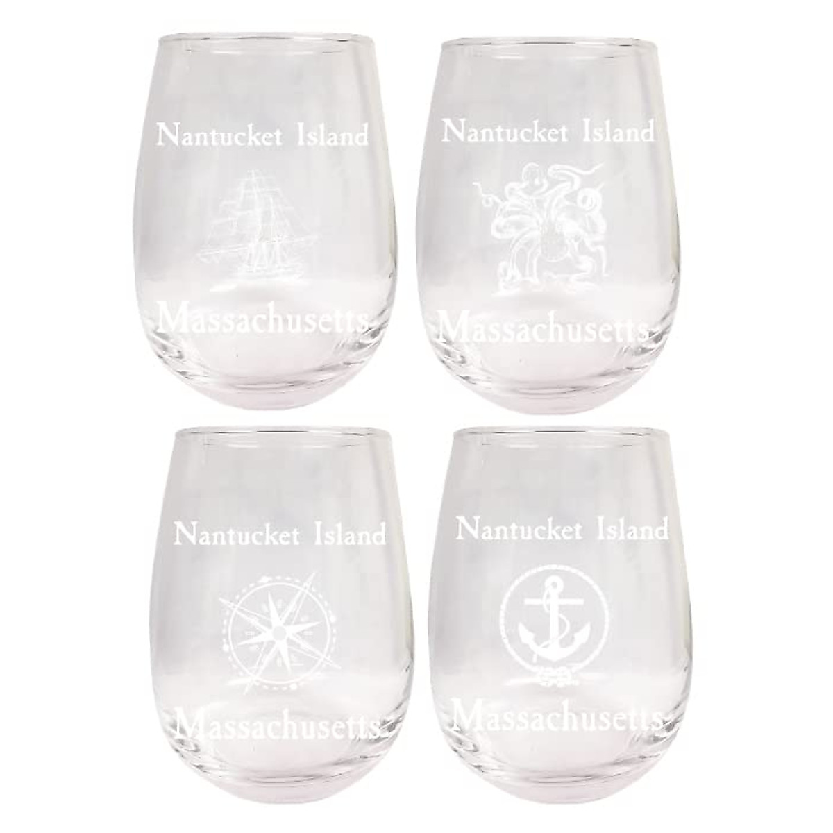 R and R Imports Nantucket Island Massachusetts Souvenir 9 Ounce Laser Engraved Stemless Wine Glass Nautical Designs 4-Pack