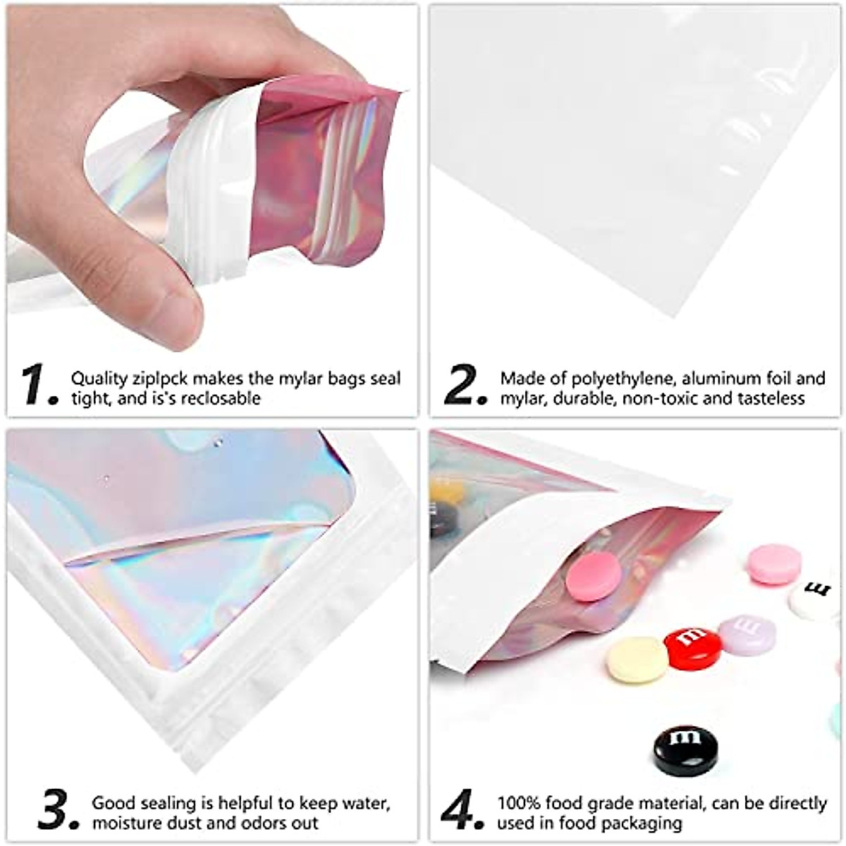 100 Pieces Smell Proof Bags Holographic Piecesaging Bags Storage Bag with Clear Window for Food Storage (White Color, 3x4.7 Inch)