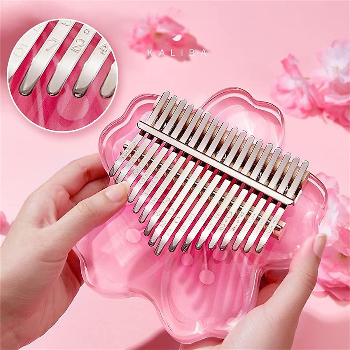 LKJYBG 21-Tone Kalimba with Piano Box,Cherry Blossoms Shape Thumb Piano Acrylic Finger Piano Gifts with Tune Hammer Study Instruction Digital Audio Tone Key Sticker for Kids and Adults Beginners