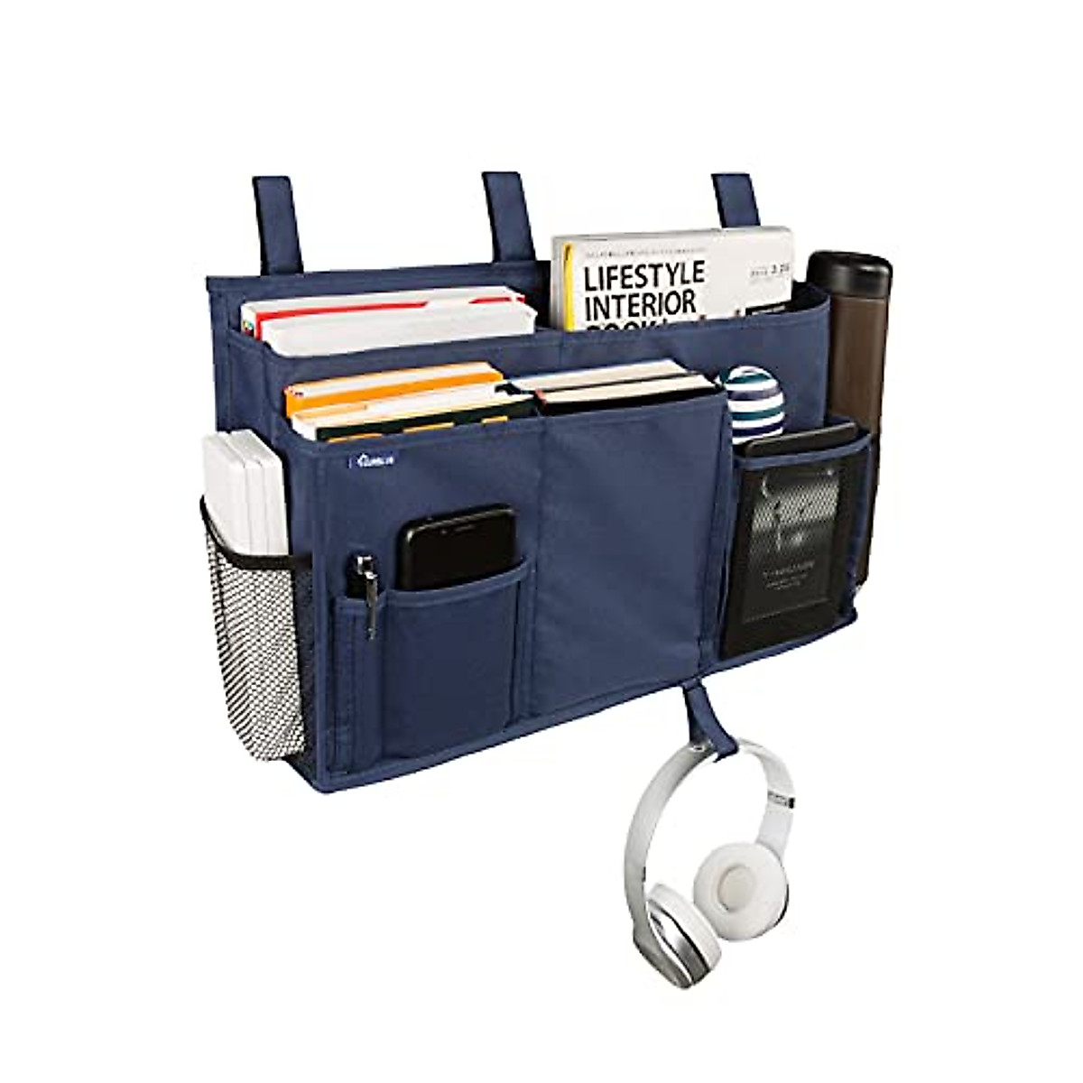 Surblue Bedside Caddy Hanging Bed Organizer Storage Bag Pocket for Bunk and Hospital Beds, College Dorm Rooms Baby Bed Rails, Camp 8 Pockets, (Large, Blue)