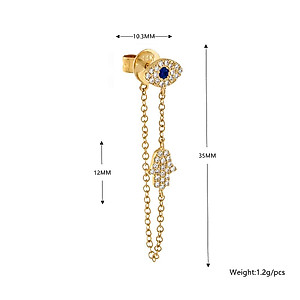 Blue Evil Eye Protection Hamsa Hand of Fatima Ear Jacket Dangle Drop Earrings for Women 925 Sterling Silver Post Pin Delicate Fashion Statement Sparkling Cubic Zircon Crystal Stud Dainty Protection Lucky Jewelry Gifts Daughter Friendship Birthday BFF (Gol