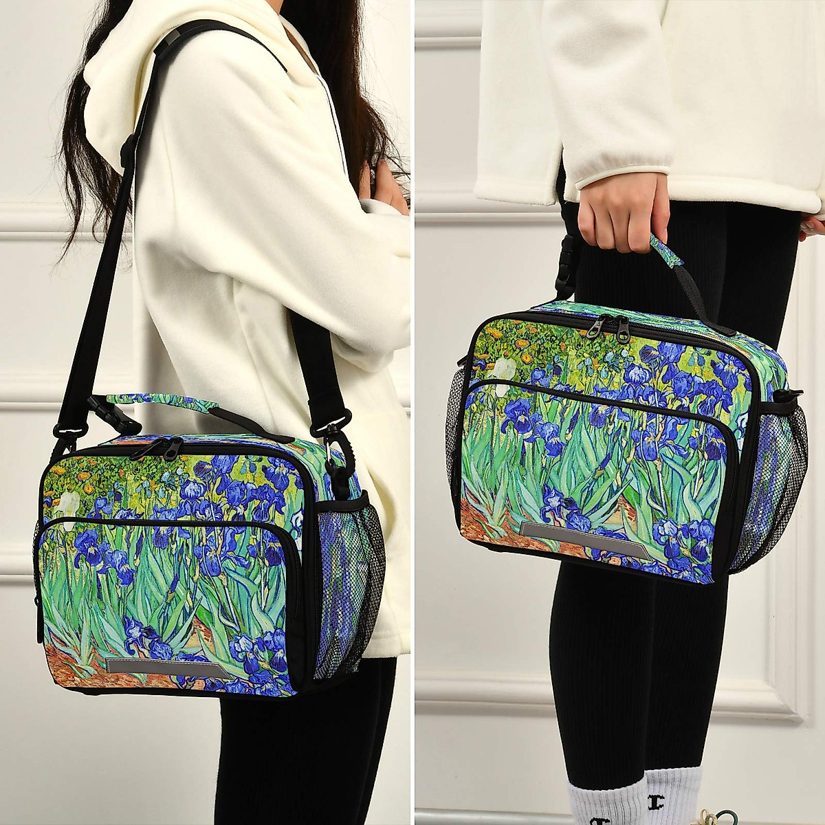 Qilmy Van Gogh Iris Painting Lunch Bag Insulated Waterproof Reusable Lunch Tote Bag with Detachable Shoulder Strap, Zipper Lunch Box for School Office Travel Picnic