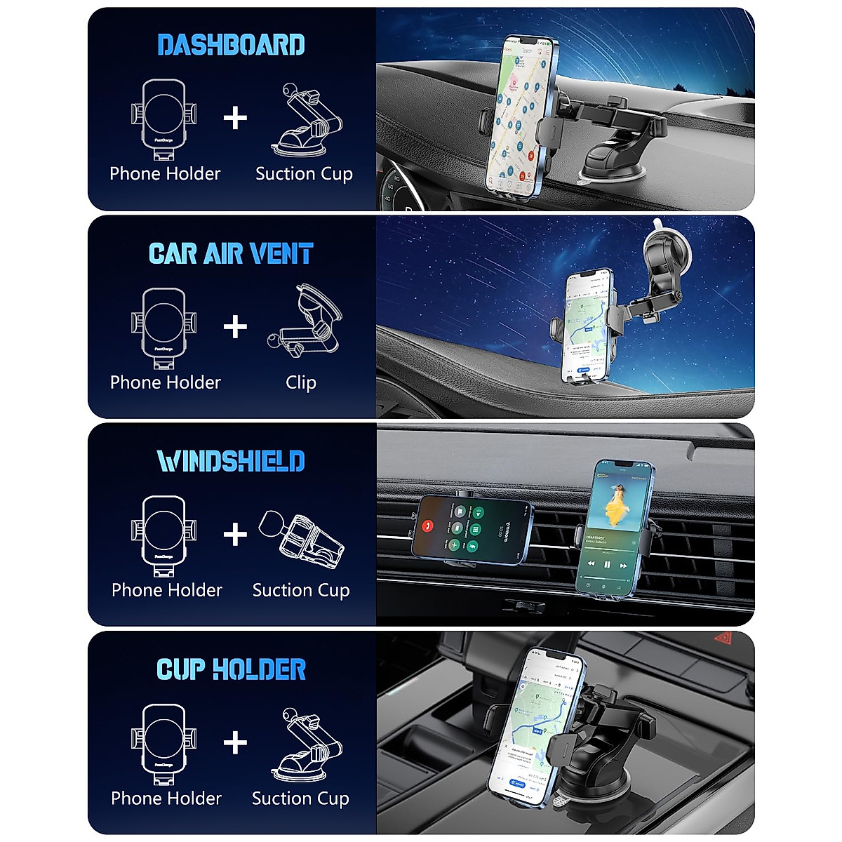 Wireless Car Charger, Fast Charging Phone Holder BothLin 3 in 1 Phone Mount Auto Clamping Car Accessories Compatible with iPhone 15 14 13 12 11 Xs XR, Samsung S23 Ultra S22 S21 S20/S10+ S9+ Note 9