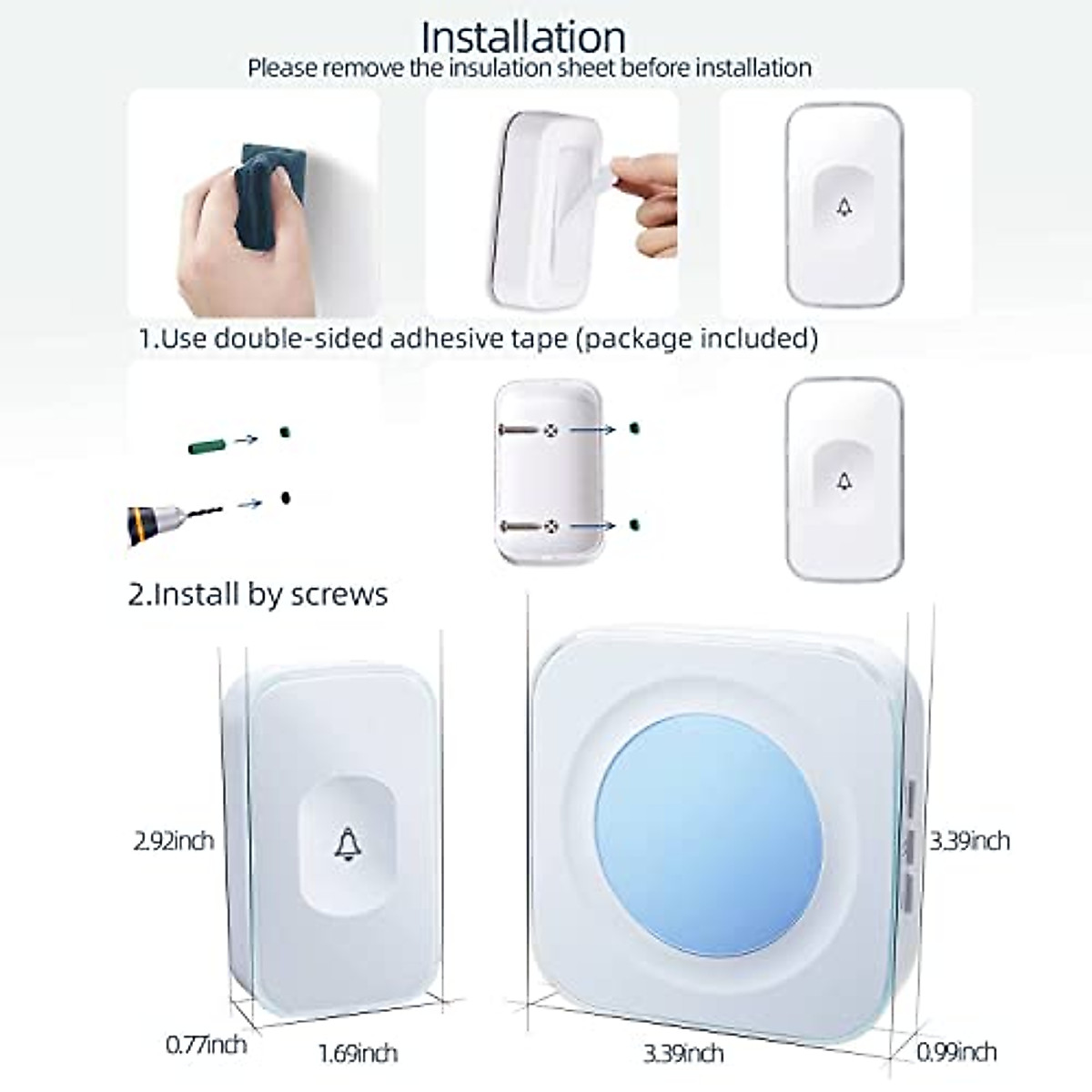 Wireless Doorbell Plug in 1200feet wireless door bell Battery Operated Doorbell Button with Flashing Light 36 Melodies 4 Volume 2 Receivers 1 Touch Button White FUHONGRUI