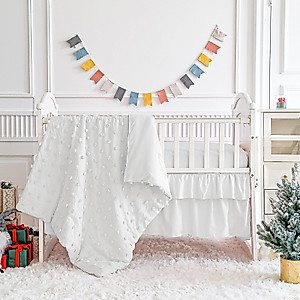 White Crib Bedding Set Tufted Dots Jacquard Baby Comforter with Fitted Sheet and Bed Skirt - Cute Embroidery Boho Shabby Chic Soft Blanket Pom Pom Tufts 3pc Crib Bed Set