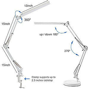 PSIVEN LED Desk Lamp, Architect Task Lamp, Metal Swing Arm Drafting Table Lamp with Base and Clamp (3 Color Modes, 10-Level Dimmer, Memory Function) Highly Adjustable Office, Craft, Workbench Light