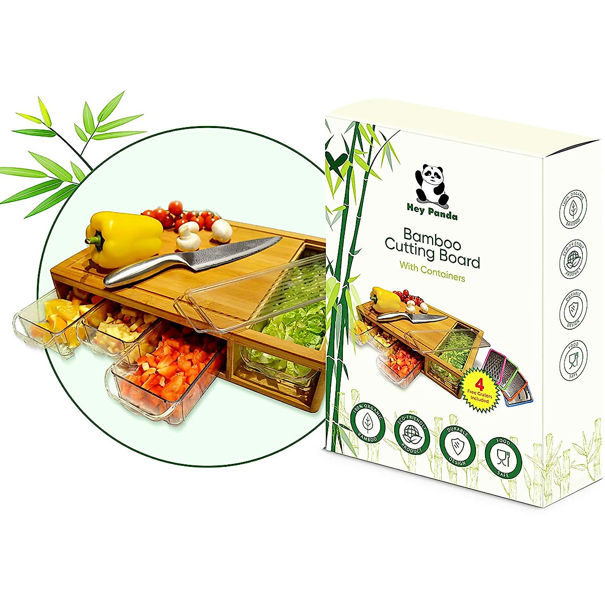 HEY PANDA Organic Bamboo Cutting Board With Containers and Lids 13pc set. Use as a Meal Prep Station. Designed with deep Juice Grooves, Handles, Rounded Corners and a Large Exposed Opening
