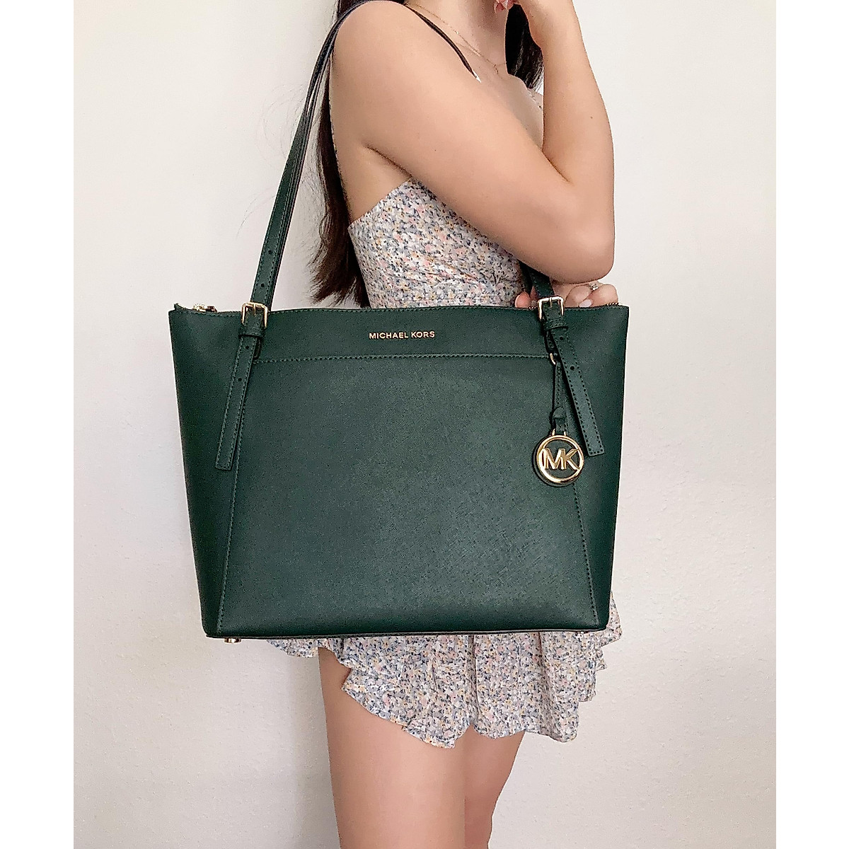 Michael Kors Voyager Large East West Tote Front Snap Pocket Top Zip Shoulder Bag Leather (Racing Green)