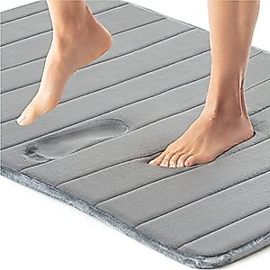 Gorilla Grip Thick Striped Memory Foam Bath Rugs, Soft Absorbent Velvet Bathroom Mats, Dots on Underside, Machine Washable Bathmat, Carpet Rug Room Décor for Shower Floor, 24x17 Mat, Gray