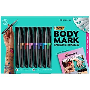 BODYMARK BIC Temporary Tattoo Markers for Skin, Stencil Gift Set, Flexible Brush Tip, 8-Count Pack of Assorted Colors, Skin-Safe*, Cosmetic Quality