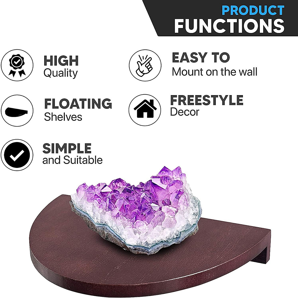 SUMAC Wall Mounted Half Circle Floating Shelf Set of 2 for Living Room Bedroom Bathroom Home Office Wall Art Décor, 8.9x6.4x1.5 inch, Wooden Brown