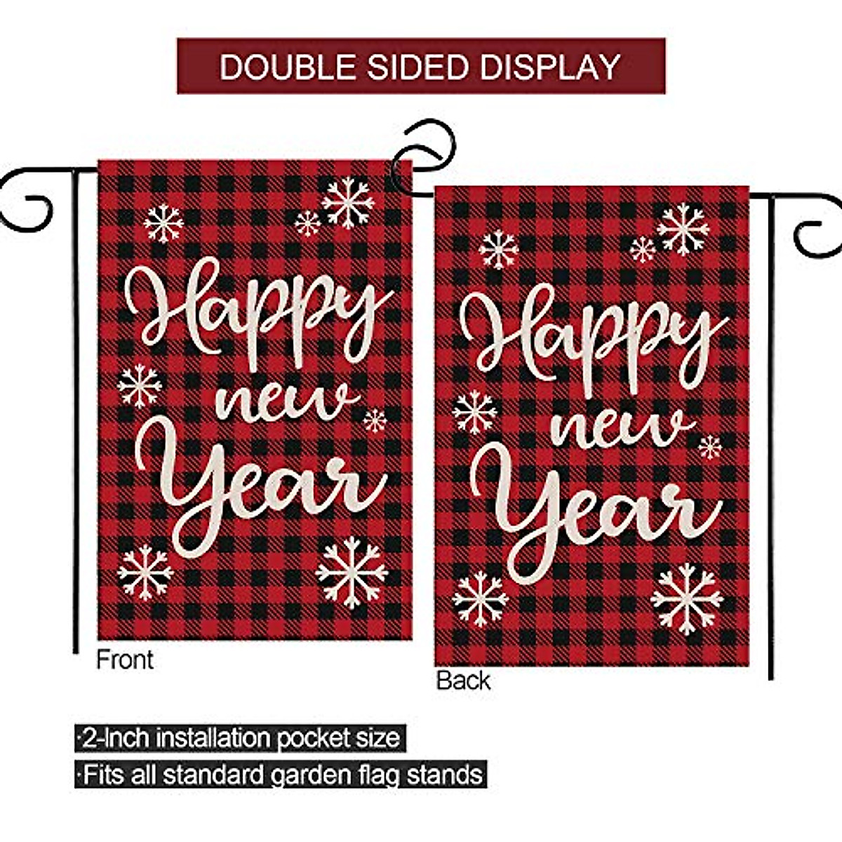 ZYP Happy New Year Burlap Garden Flag, Double Sided 12.5 x18.5 Inch Decorative Red Plaid New Year Christmas Winter Garden Yard Banner Flag Lawn Outdoor Decoration