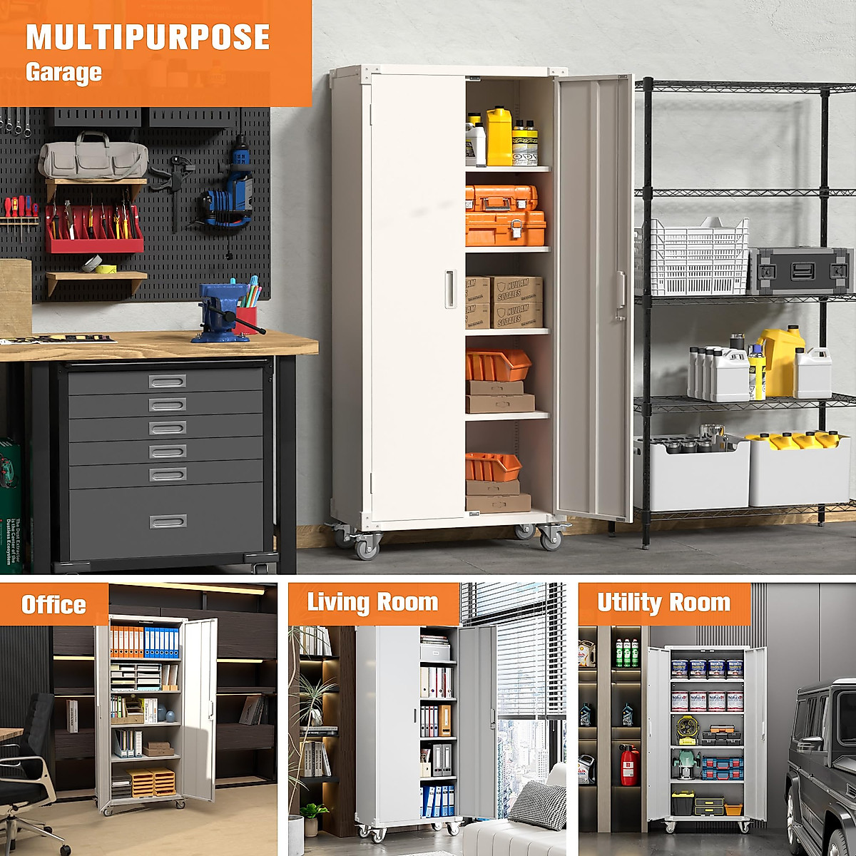 Aobabo Metal Storage Cabinet with Wheels,Heavy Duty Office Storage Cabinet with Lock,Steel Cabinet with 2 Doors and 4 Adjustable Shelves for Office Home School Storage,Required-Assembly White