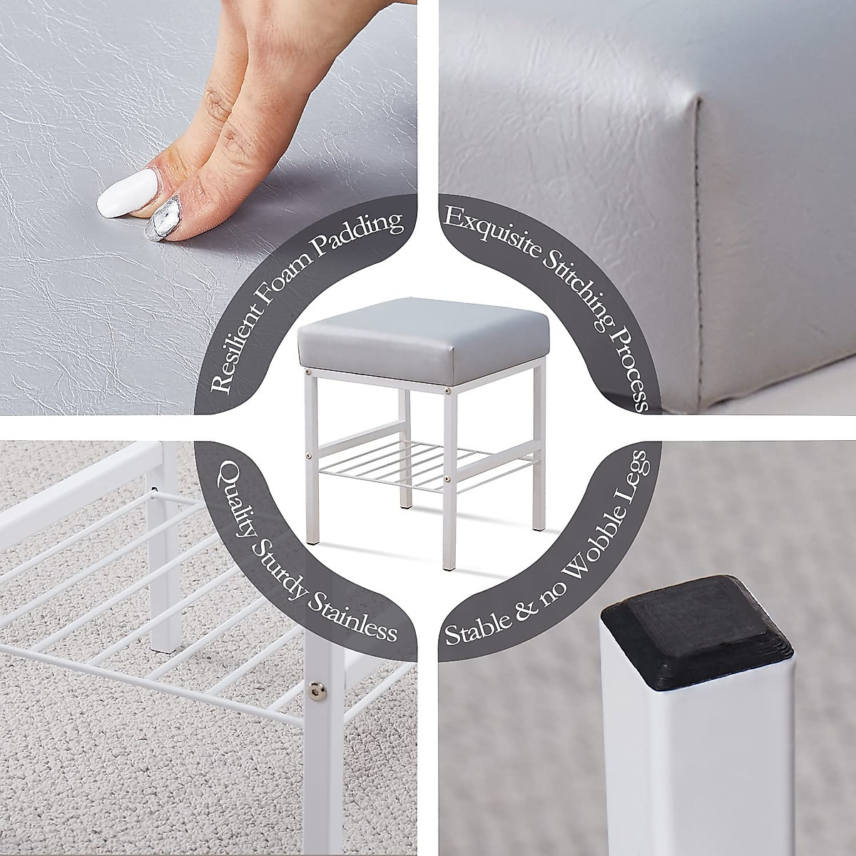 Cpintltr Vanity Stool Foot Stools Faux Leather Ottoman Stool Square Ottoman Bench Modern Dressing Stool Small Stool Side Table Footstool with Metal Leg Vanity Stool for Bathroom Living Room Silver-
