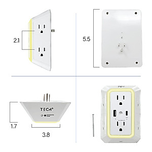 Tech2 Multi Plug Surge Protector with Night Light, 6 Outlets & 2 USB Ports A and USB C 2.4A Total, ETL Certified Adapter for Home, School, or Office