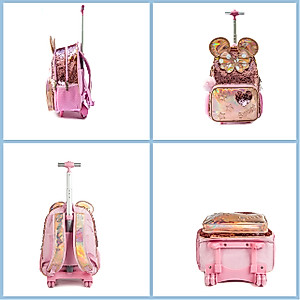 ZBAOGTW Rolling Backpack for Girls Backpack with Wheels Lunch Box and Pencil Bag Adjustable Length Sequins Wheeled Backpack for School Travel Picnic