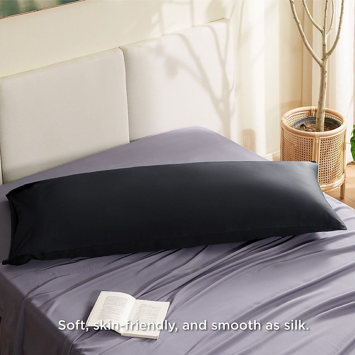 Bedsure Body Pillow Cover - Black Long Cooling Pillow Cases, 100% Rayon Derived from Bamboo, Soft & Breathable Body Pillowcase with Envelope Closure, Gifts for Women or Men, 1 Pack, 20x54 Inches