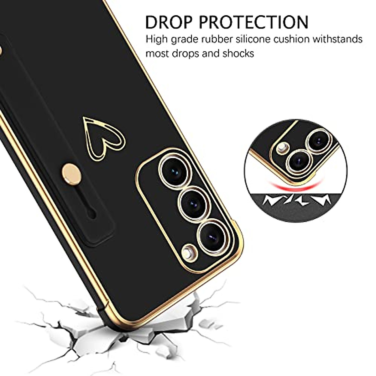 Telaso Samsung Galaxy S23 Plus Case, Galaxy S23 Plus Phone Case Love Heart Cute Case with Wristband Kickstand Holder Soft TPU Plating Bumper Protective Slim Phone Case Cover for Girls Women, Black