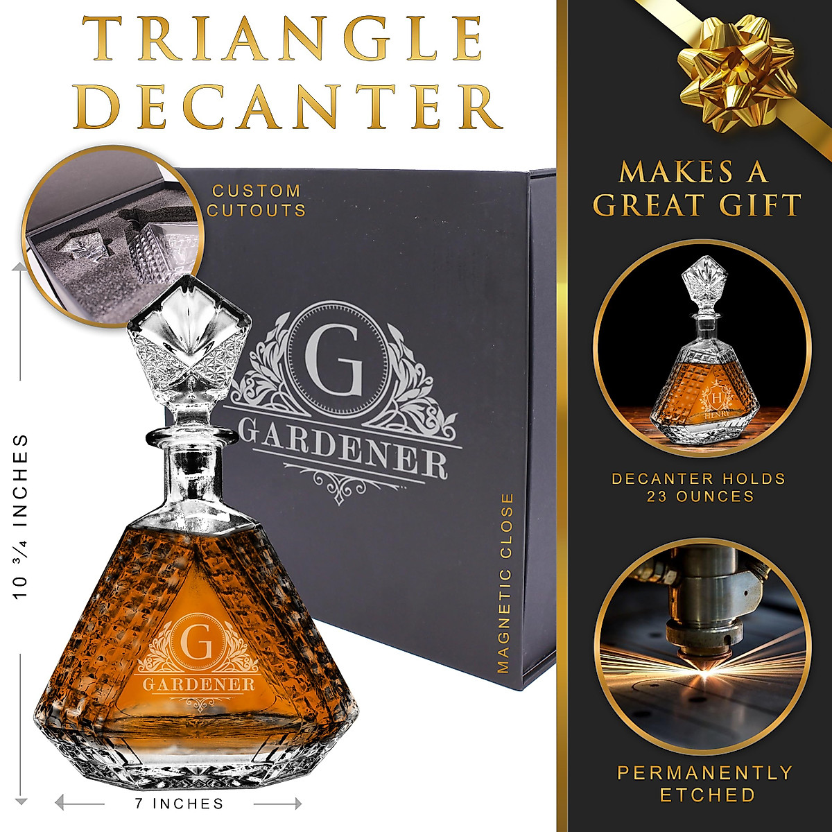Personalized Scotch Whiskey Bourbon Glass 23 oz Decanter - Custom Engraved - Triangle Shape (Decanter Only)