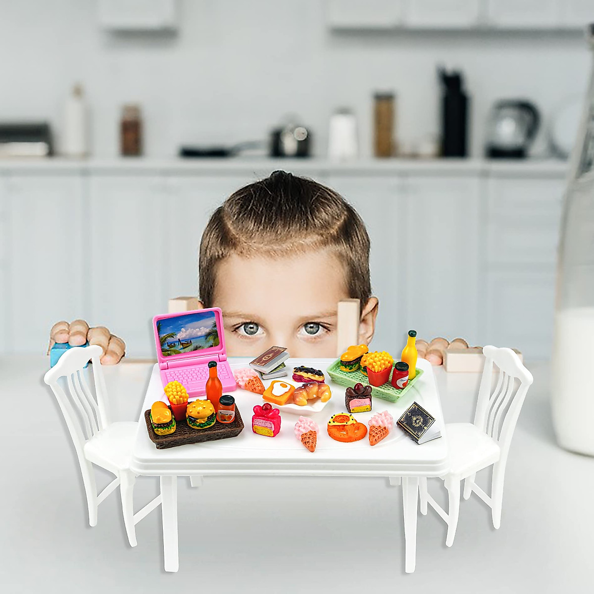 30 Pcs Miniature Food Drinks Laptop Computer Books Toys Dollhouse Miniature Furniture Plastic Table Fits Accessories Scale Dollhouse Playsets Girl Mini Drink Food Party