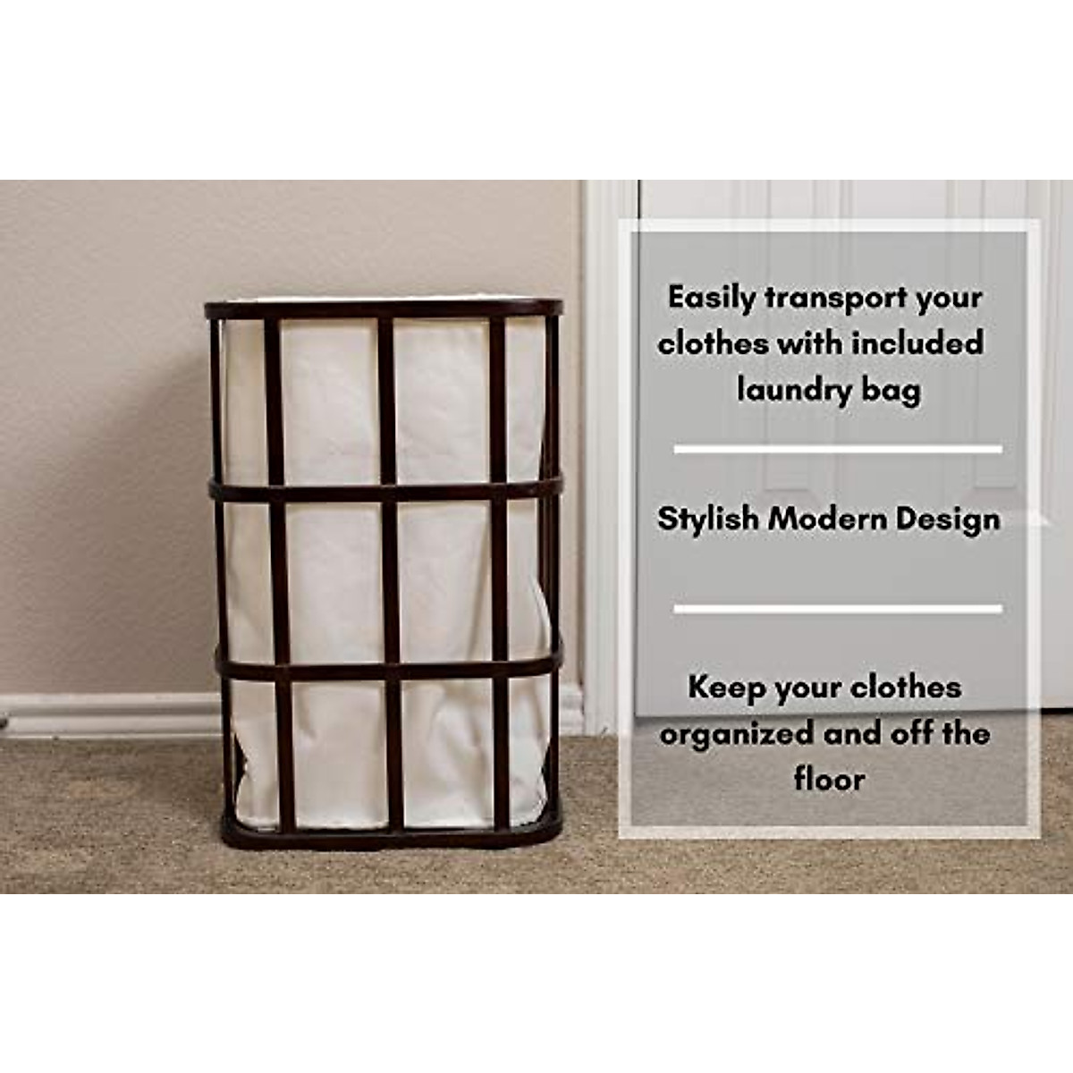 BirdRock Home Modern Square Laundry Hamper and Removable Laundry Bag - Dark Brown Bamboo - Easily Transport Laundry - Baby Dirty Clothes Bin Sorter Basket - Laundry Bag with Draw String