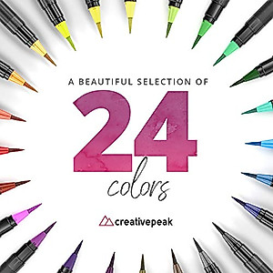 Creativepeak Watercolor Brush Pens - 24 Vibrant Coloring Pens & 2 Blending Brushes - Premium Quality Art Supplies Featuring Soft, Real Tip - Perfect for Calligraphy, Lettering, Adult Coloring