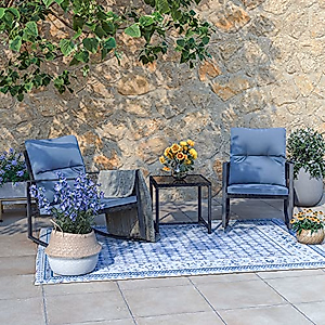 COSIEST 3 Piece Bistro Set Patio Rocking Chairs Outdoor Porch Furniture w Blue Cushions,Water Resistant,Glass-Top Coffee Table for Garden, Pool, Backyard