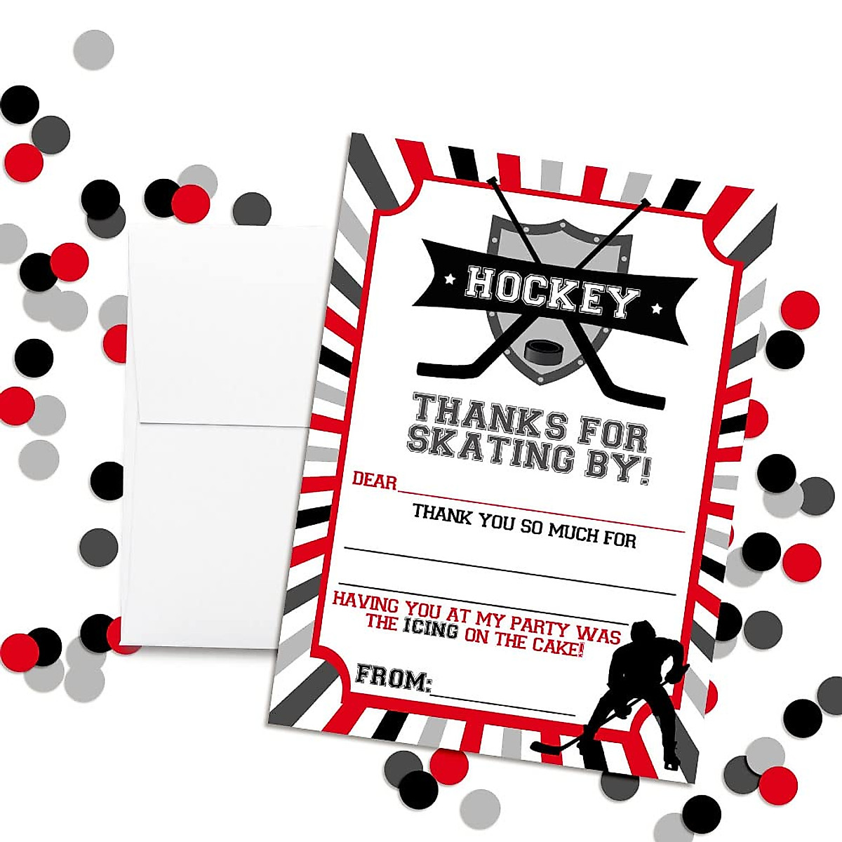Kids Thank You Cards Black & Red Hockey Birthday Party Thank You Notes, Ten 4" x 5.5" Fill-In The Blank Cards with 10 White Envelopes by AmandaCreation