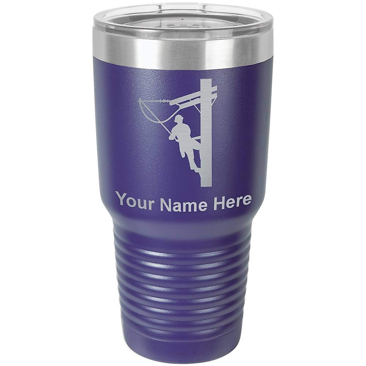 LaserGram 30oz Vacuum Insulated Tumbler Mug, Lineman, Personalized Engraving Included (Dark Purple)