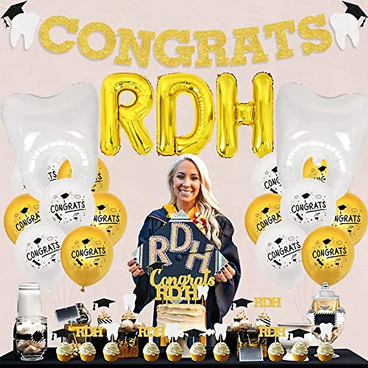 2 Pack 32 Inch RDH Letter Balloons & 16 Inch Tooth Shaped Balloons for Dental Student Graduation Party Decorations, Dental School Balloons Decor for Registered Dental Hygienist Graduation