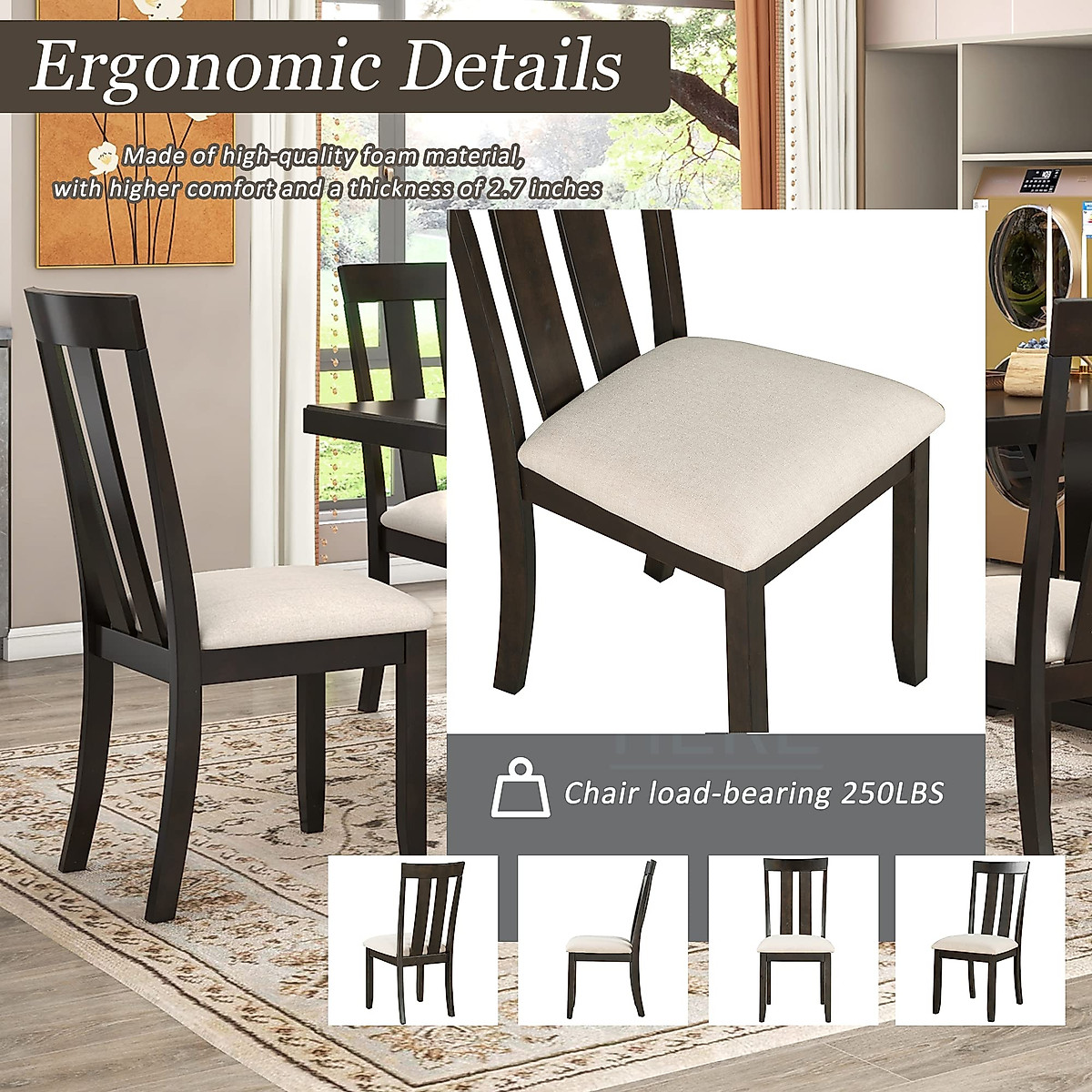KoiHome Set of 4 Seat Cushions and Curved Back, Soft Fabric Chairs with Solid Wood Legs for Indoor Dining Room, Restaurant, Kitchen, Veneer Birch Finish (Espresso)