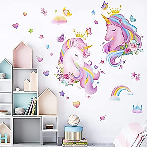 decalmile 2 Large Size Unicorn Wall Decals Pink Rainbow Heart Wall Stickers Girls Bedroom Baby Nursery Kids Room Wall Decor Gifts for Kids